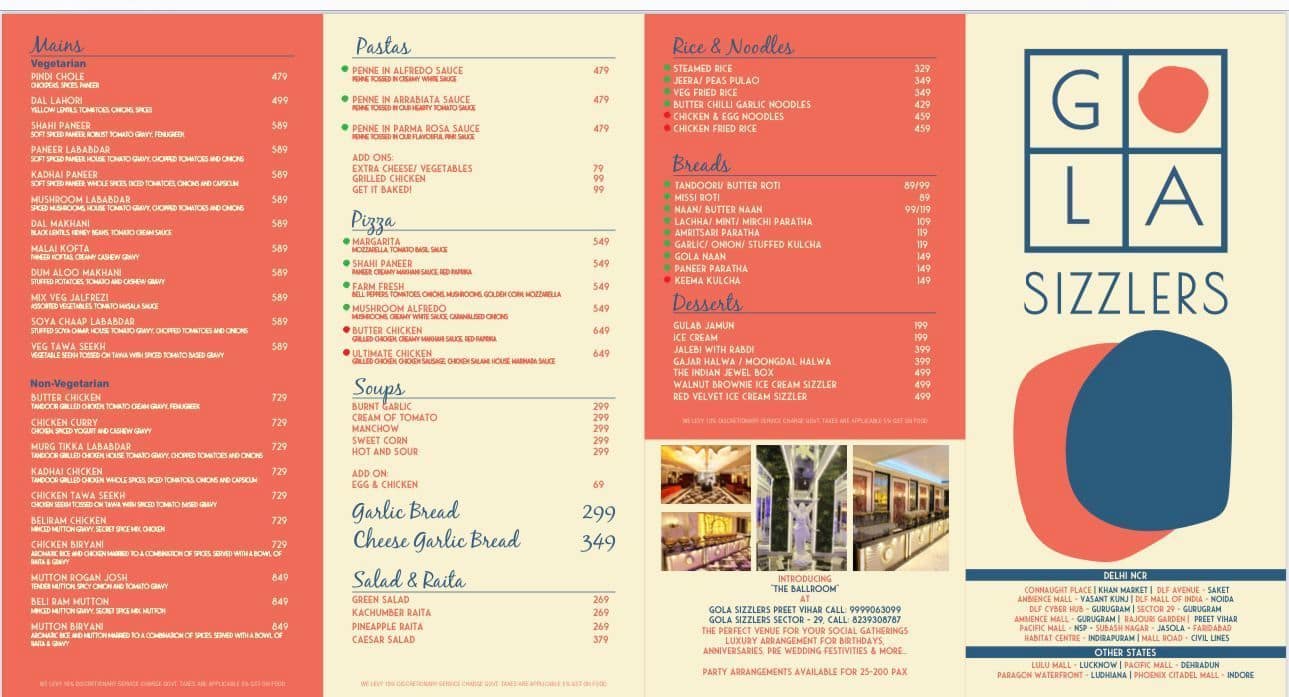 Menu of Gola Sizzlers - Naresh Gola Group, Khan Market, New Delhi