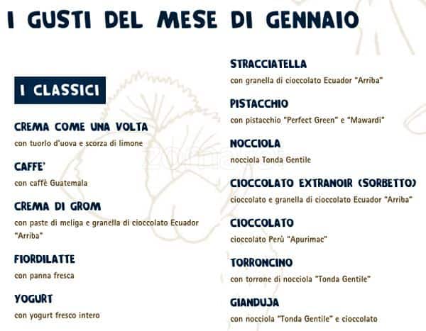 Menu at GROM, Milan, Corso Ventidue Marzo