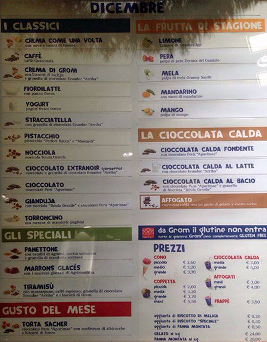 Menu at GROM, Milan, Corso Ventidue Marzo