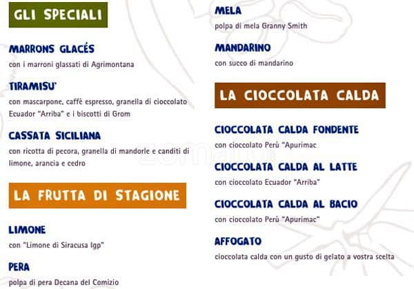 Menu at GROM, Milan, Corso Ventidue Marzo