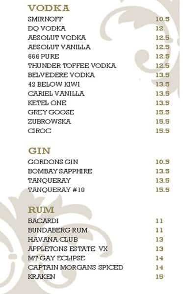 Menu at Trak Live Lounge Bar, Toorak