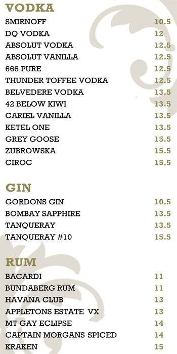 Menu at Trak Live Lounge Bar, Toorak