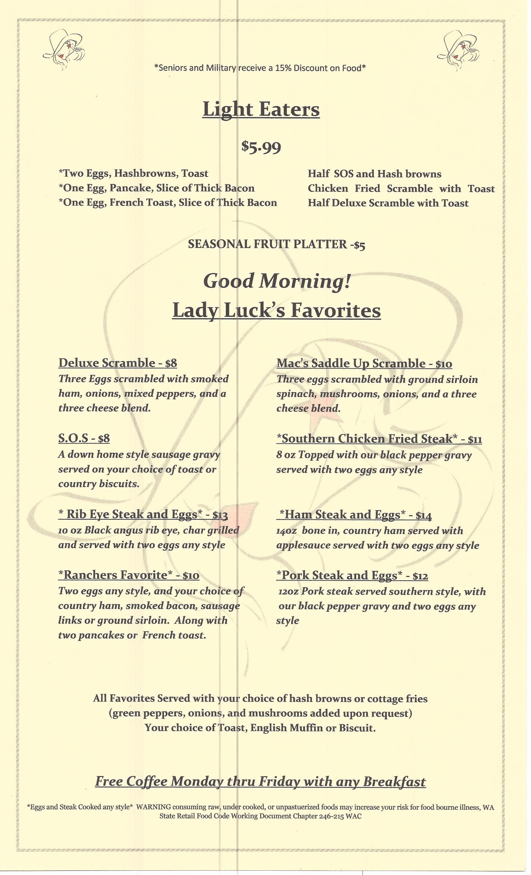 Menu at Lady Luck Steakhouse, Tacoma, Pacific Ave S