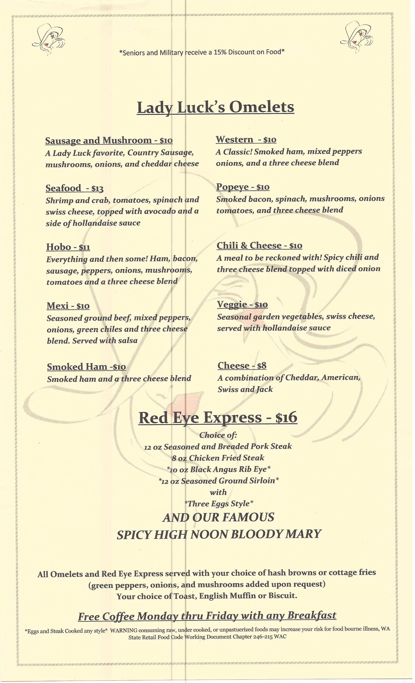 Menu at Lady Luck Steakhouse, Tacoma, Pacific Ave S