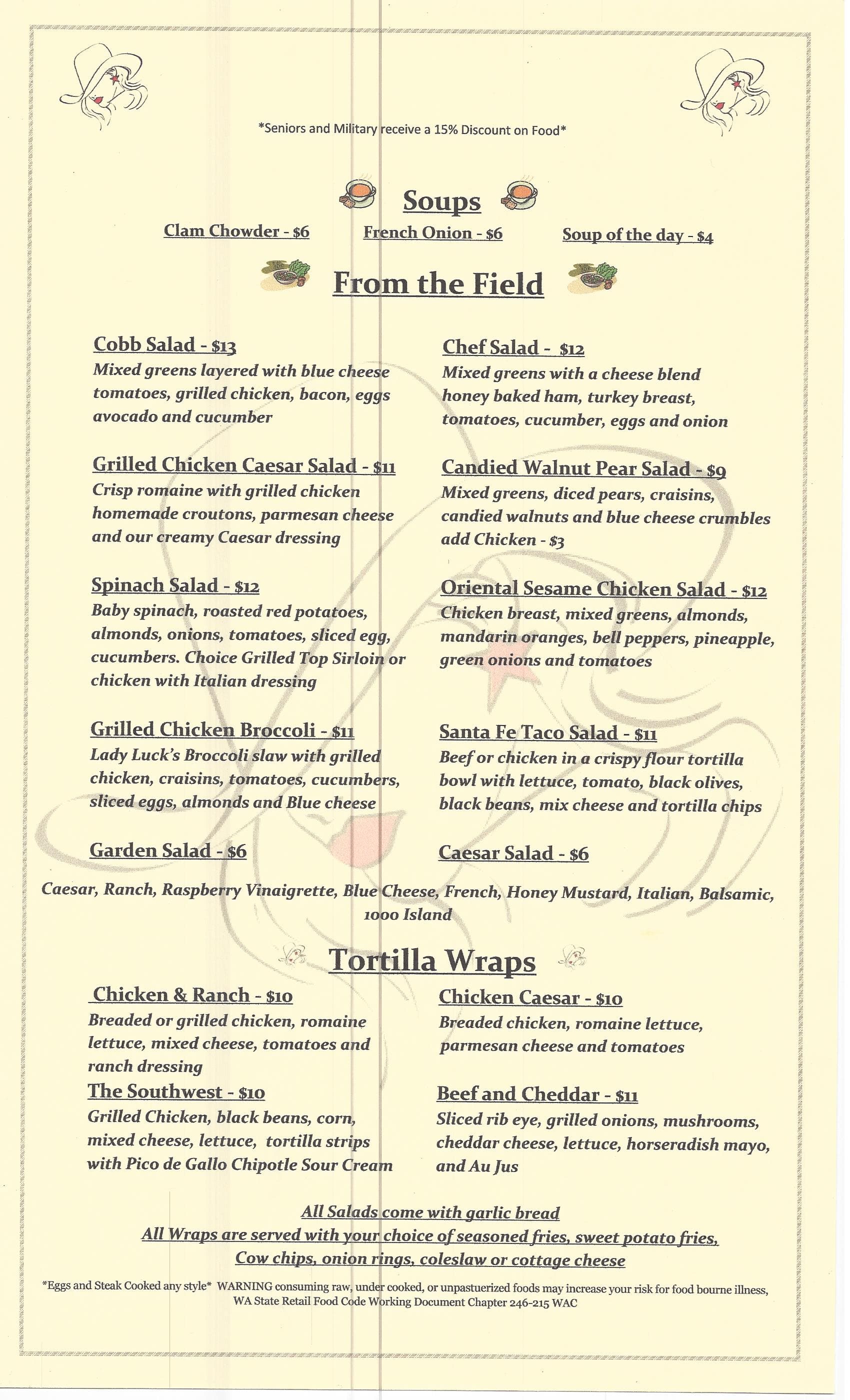 Menu at Lady Luck Steakhouse, Tacoma, Pacific Ave S