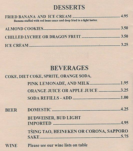 Carta del restaurante Yat Sing, Redwood City, Florence St