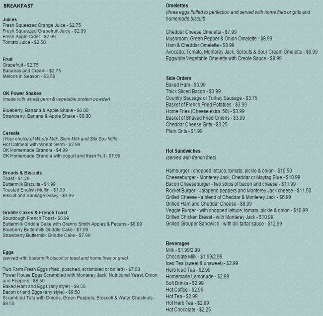 Menu at OK Cafe, Atlanta