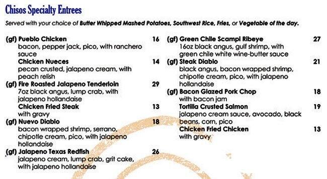Menu at Chisos Grill restaurant, Bee Cave, Hill Country Blvd S - 100