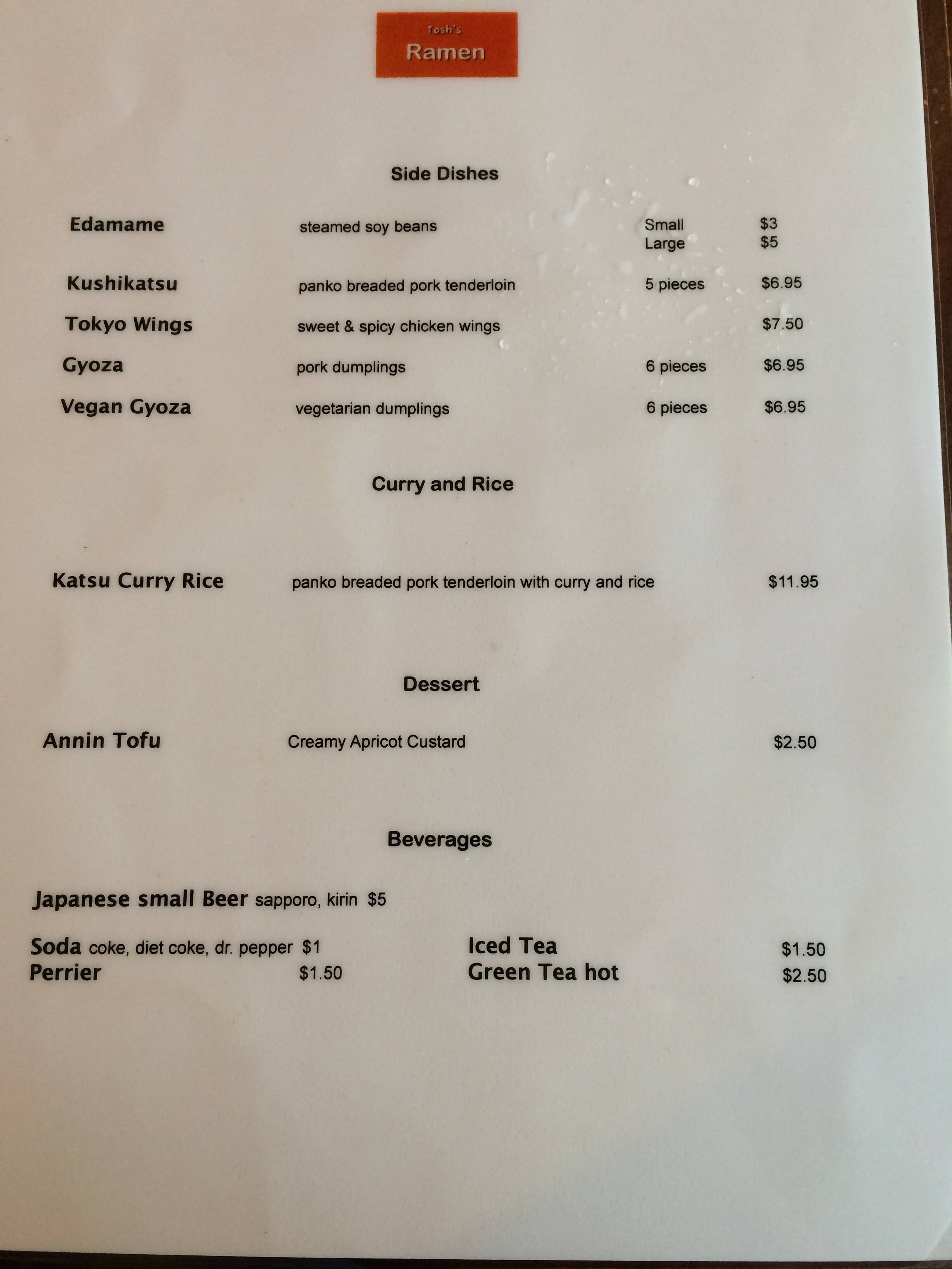 Menu at Tosh's Ramen restaurant, Salt Lake City, S State St