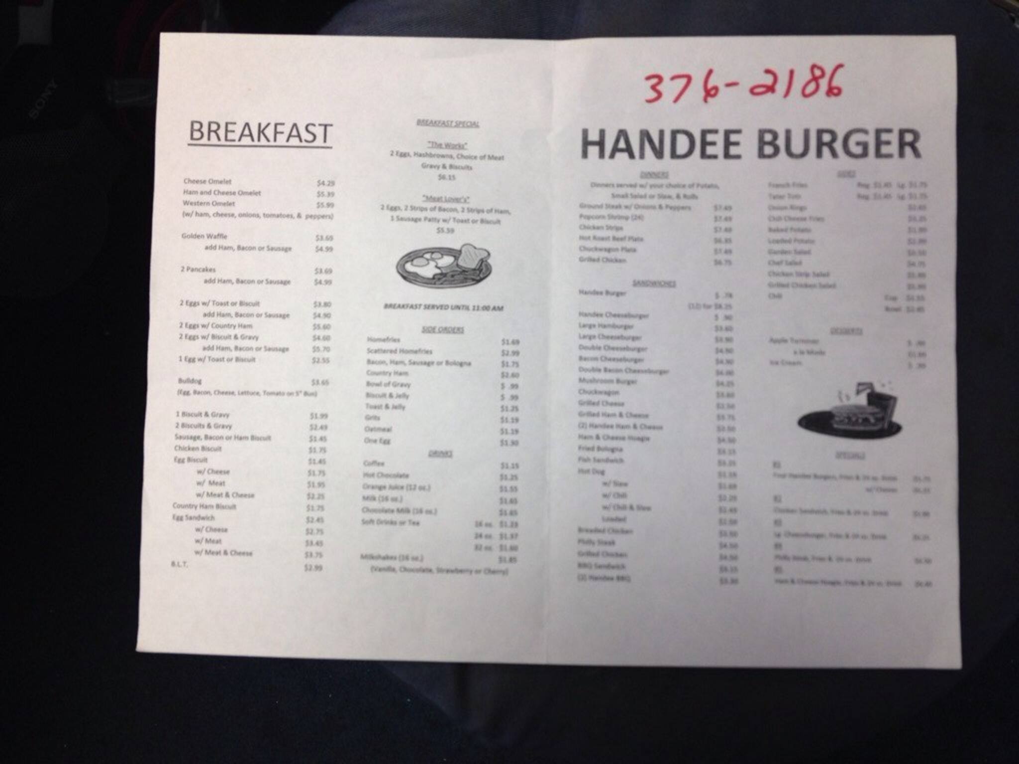 Menu at Handee Burger restaurant, Kingston