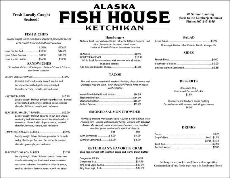 Menu at The Alaska Fish House restaurant, Ketchikan, 3 Salmon Landing