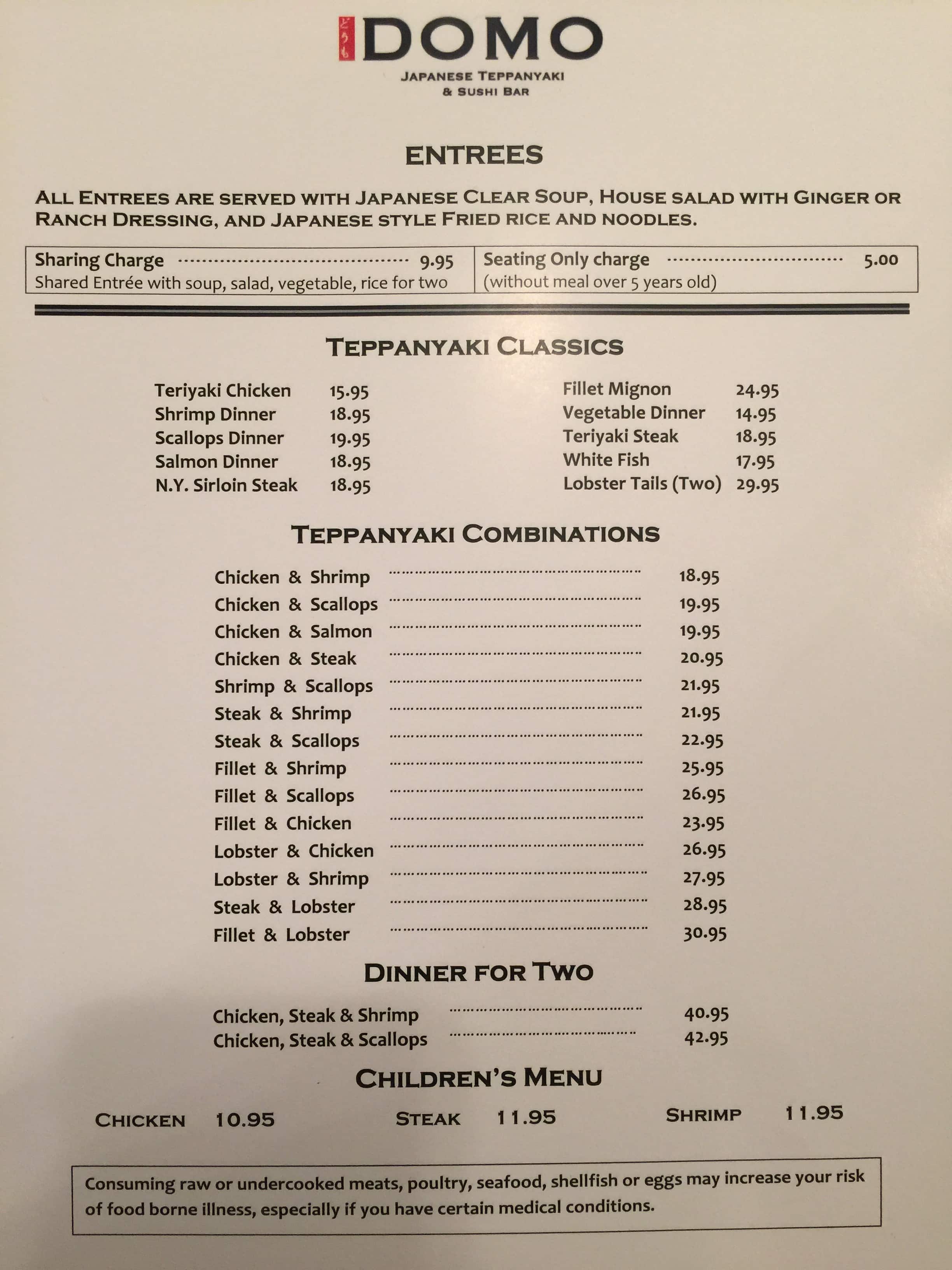 Menu at Domo Japanese Steakhouse & Sushi Bar, Fleming Island