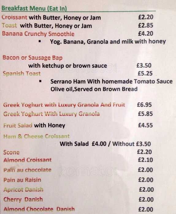 Menu at Toast cafe, London, 6 Formosa St