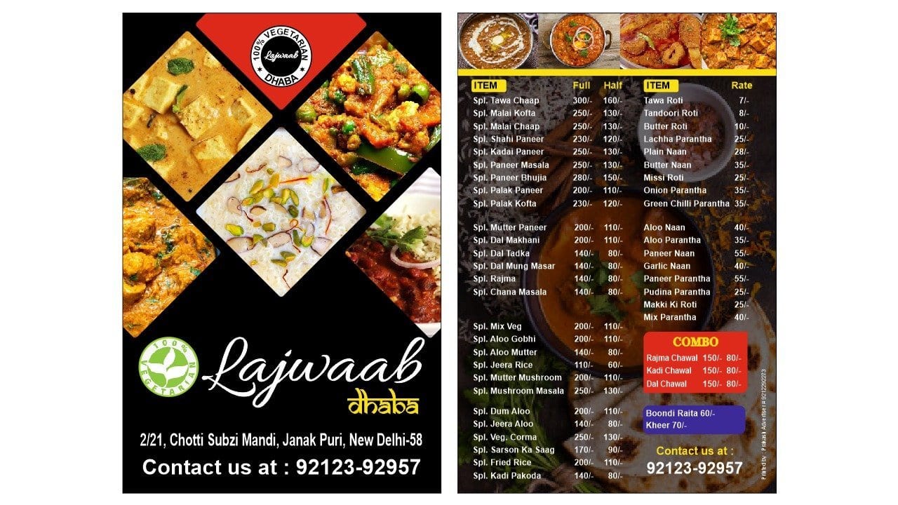 Menu of Lajawab Dhaba, Janakpuri, New Delhi