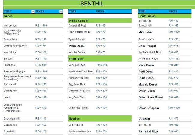 Menu of Senthil Andavar Restaurant, Porur, Chennai