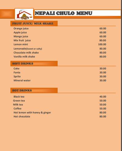 Menu at Nepali Chulo, Darjeeling