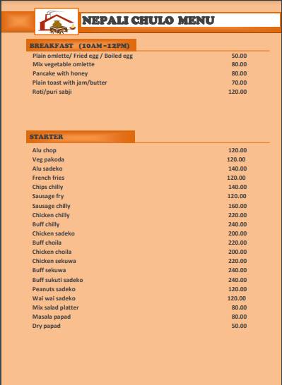 Menu at Nepali Chulo, Darjeeling