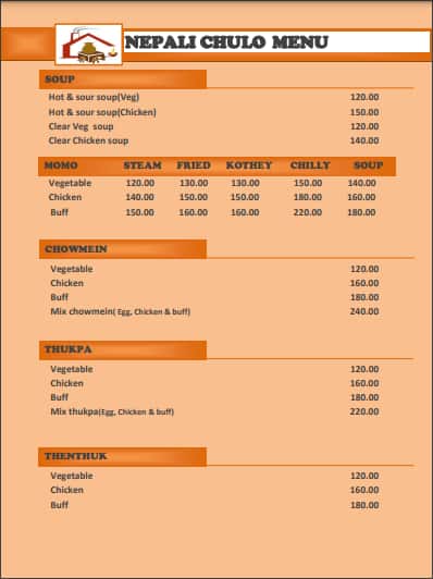 Menu at Nepali Chulo, Darjeeling