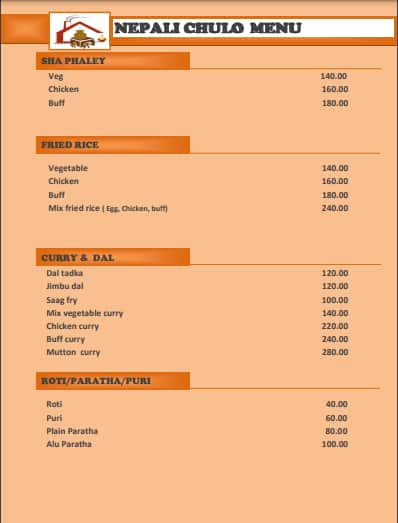 Menu at Nepali Chulo, Darjeeling