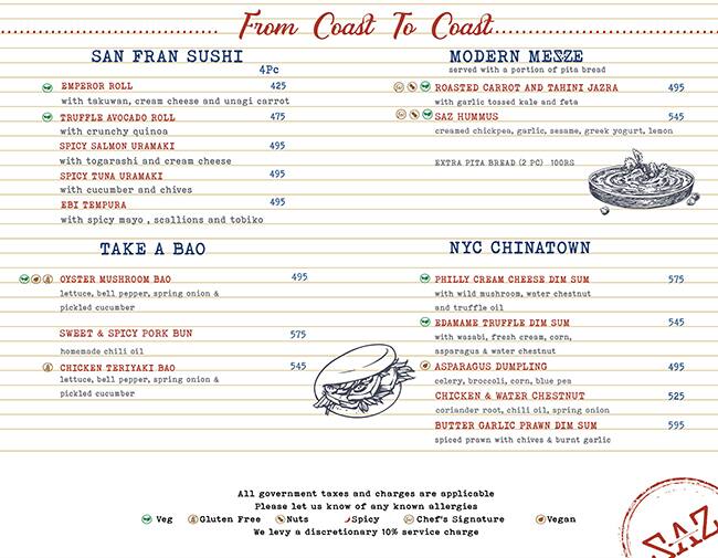 Menu at SAZ Café, Mumbai
