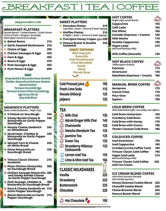 Menu of Trincas, Park Street Area, Kolkata