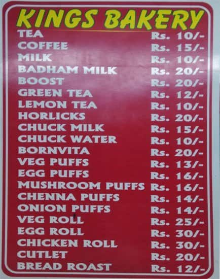 Menu at Kings Bakery, Coimbatore, X2W2+PPJ
