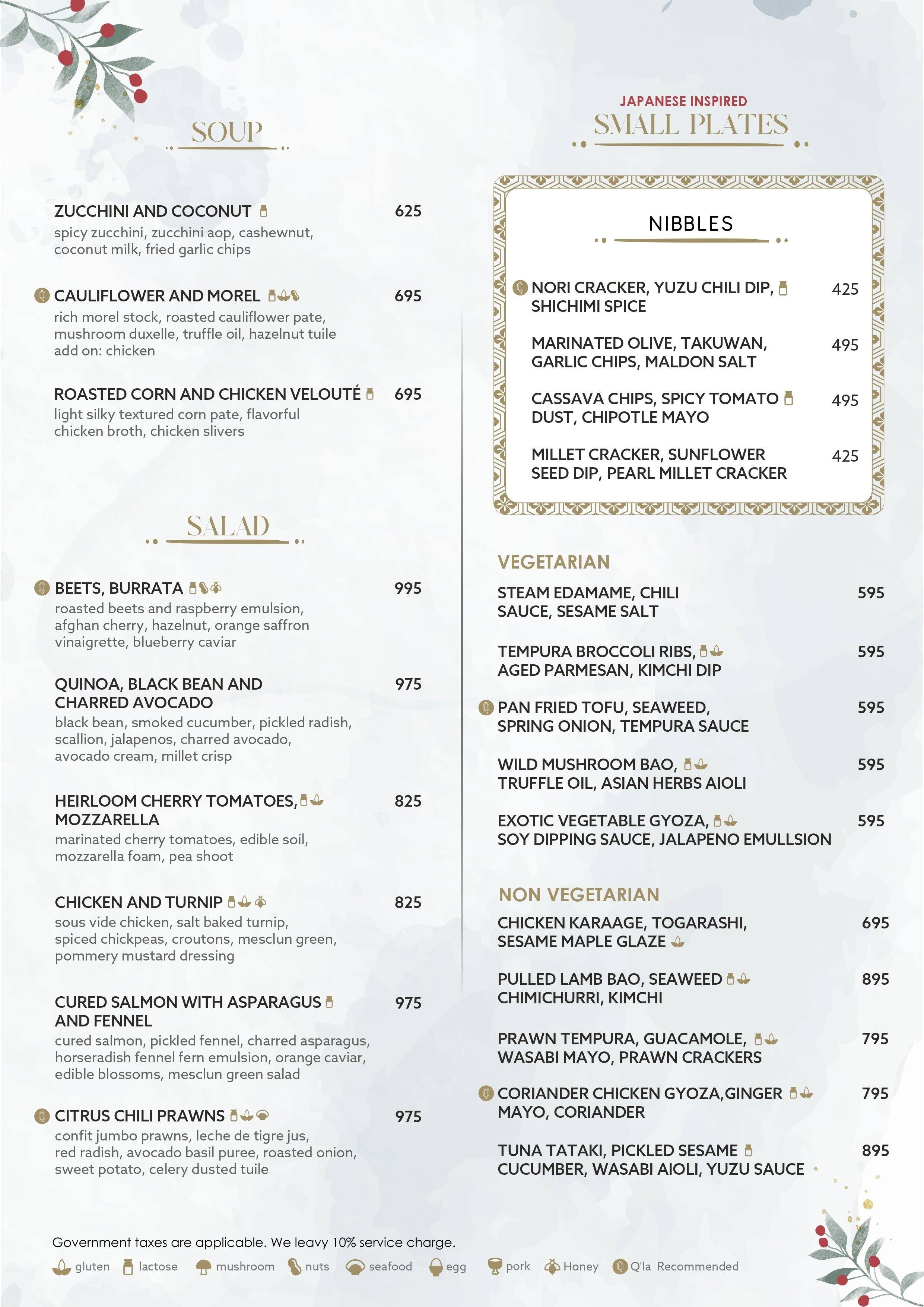 Menu of Qla, Mehrauli, New Delhi