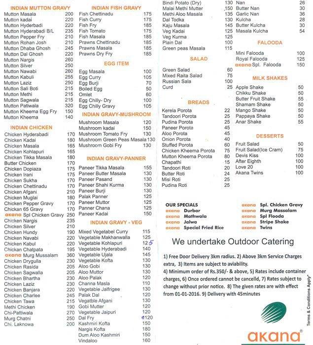 Menu at Akana, Bengaluru, Banaswadi Main Road