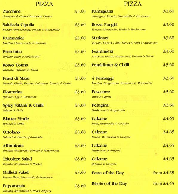 Menu at Malletti pizzeria, London, 174-176 Clerkenwell Rd