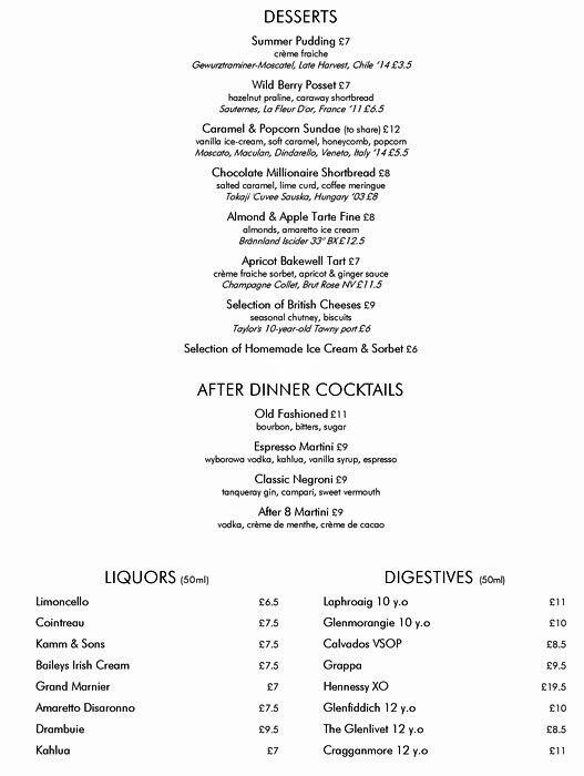 Menu at Tom's Kitchen restaurant, London, 11 Westferry Circus