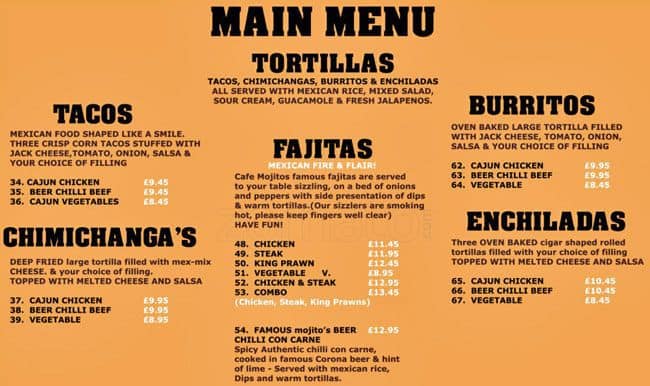 Menu at Cafe Mojito, London
