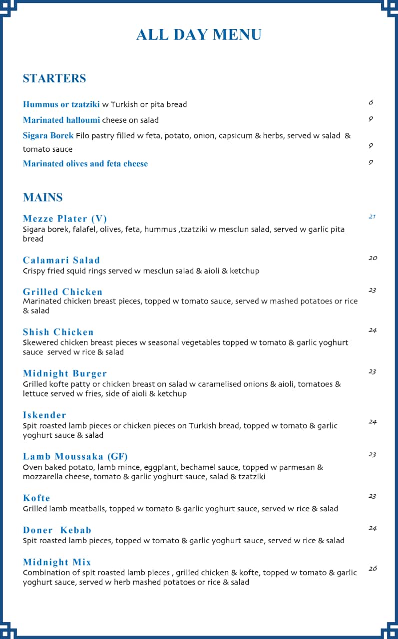 Menu at Cafe Midnight Express, Auckland