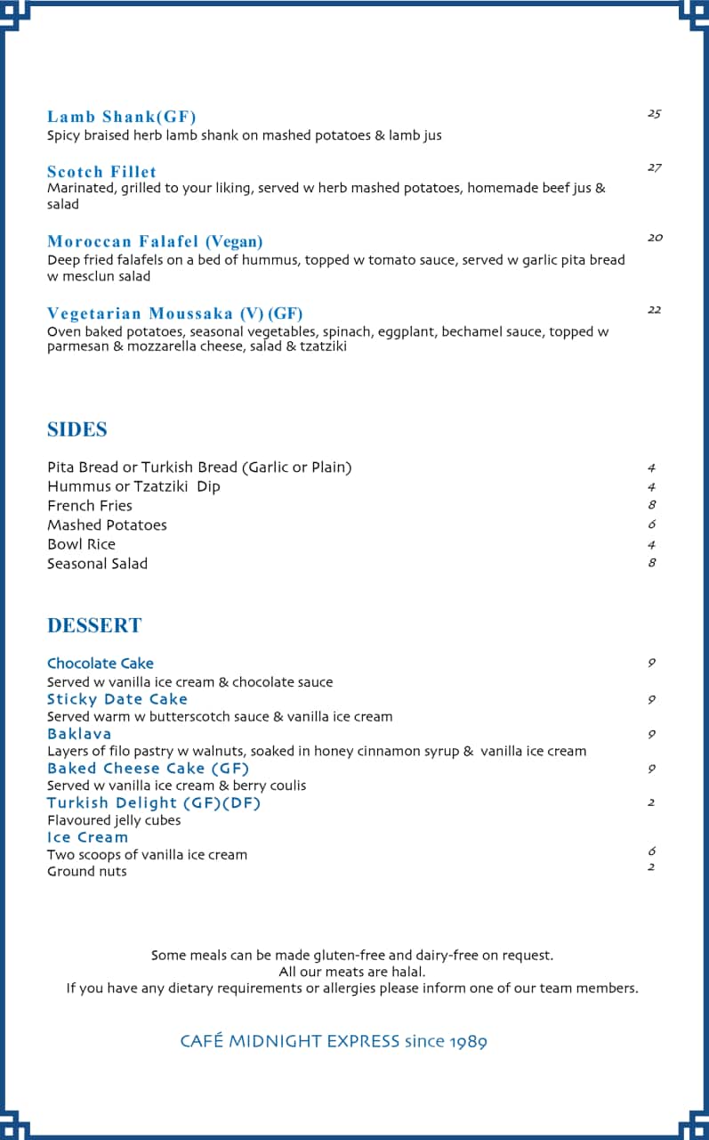 Menu at Cafe Midnight Express, Auckland