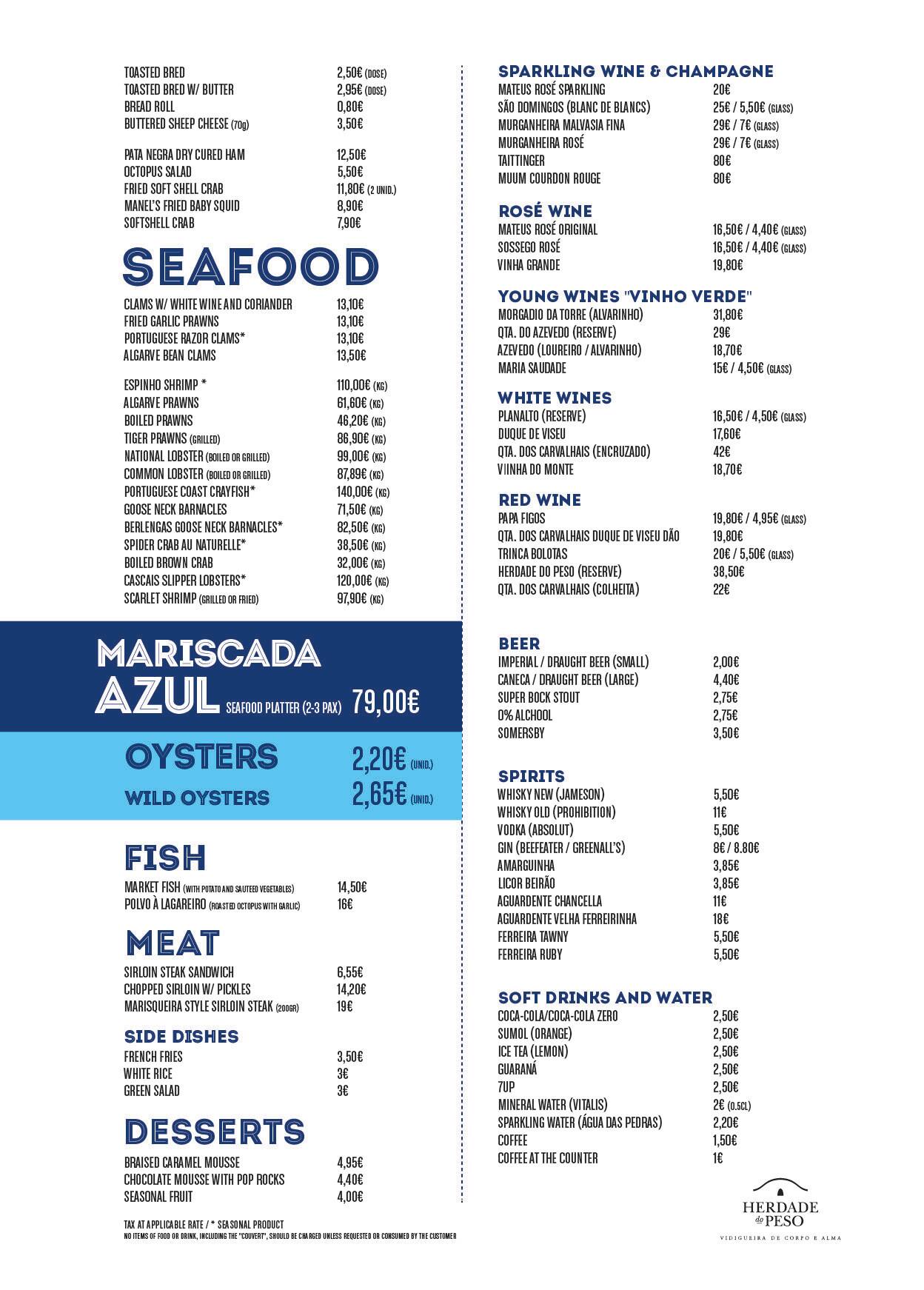 Menu at Marisqueira Azul - Time Out Market restaurant, Lisbon