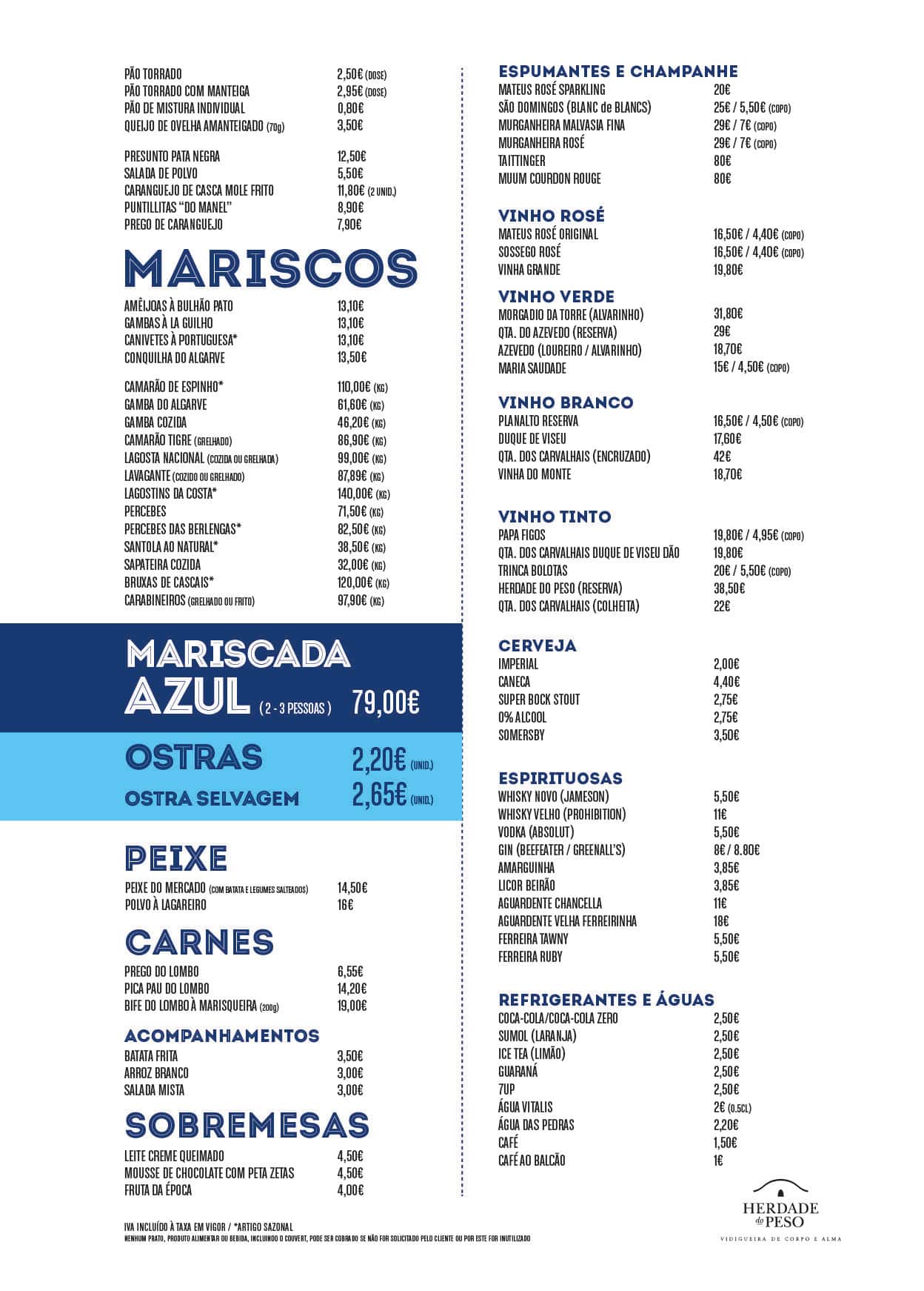 Menu at Marisqueira Azul - Time Out Market restaurant, Lisbon