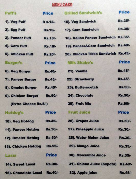 Menu at Cloud 9, Hyderabad, 1-9-286/2