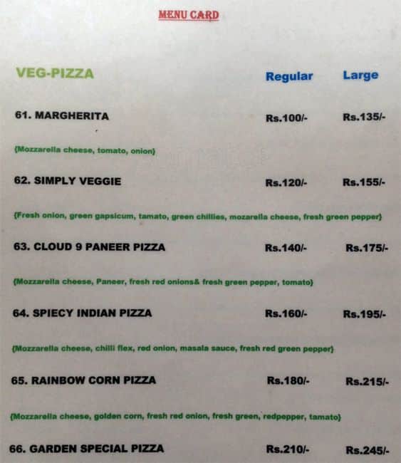 Menu at Cloud 9, Hyderabad, 1-9-286/2