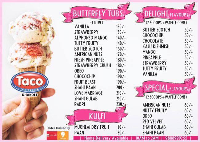 Menu at Taco Ice Cream, Chandigarh, Plot 58