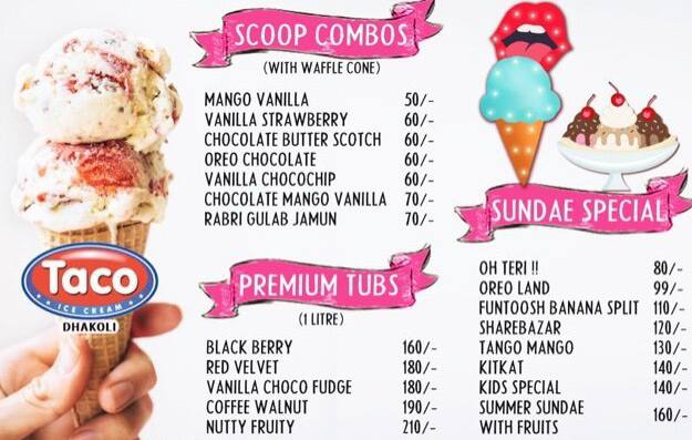 Menu at Taco Ice Cream, Chandigarh, Plot 58