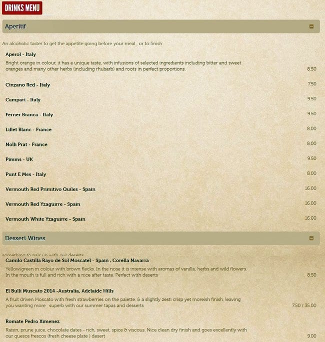 Menu at El Bulli restaurant, Surry Hills