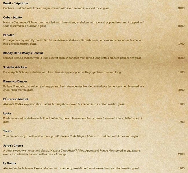 Menu at El Bulli restaurant, Surry Hills