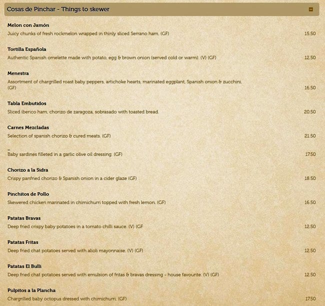 Menu at El Bulli restaurant, Surry Hills