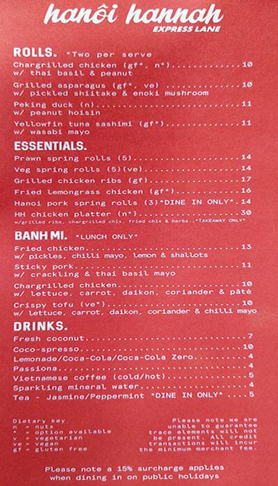 Menu at Hanoi Hannah restaurant, Prahran, 180 High St