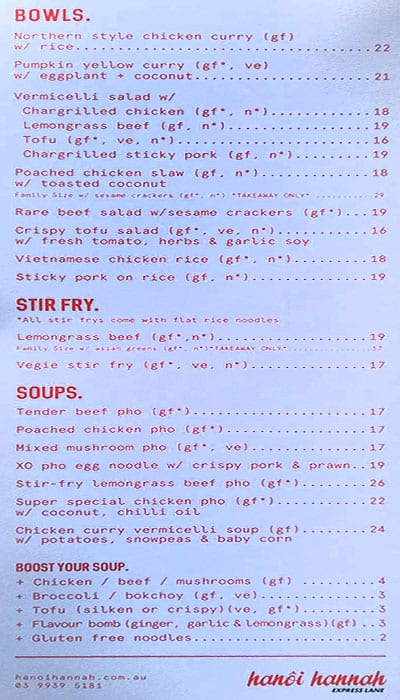 Menu at Hanoi Hannah restaurant, Prahran, 180 High St