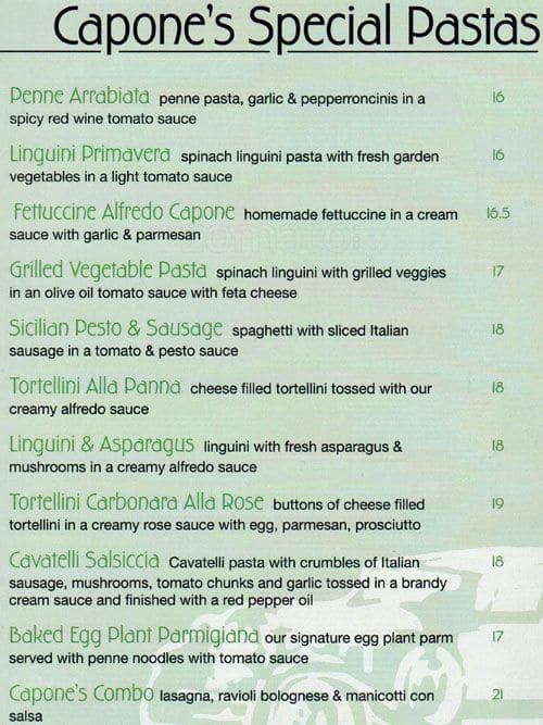 Menu at Capone’s Italian Bistro restaurant, Ottawa
