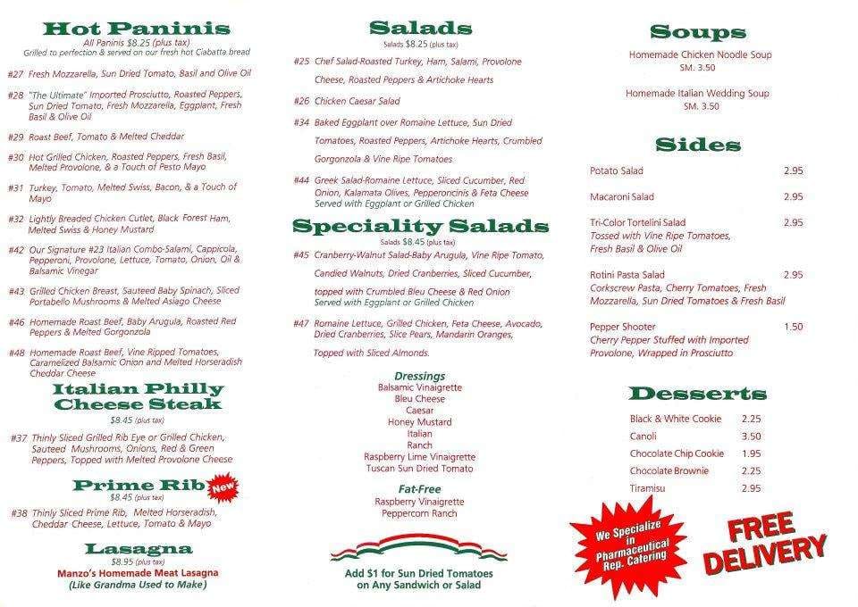 Menu at Manzo's Italian Deli restaurant, West Palm Beach