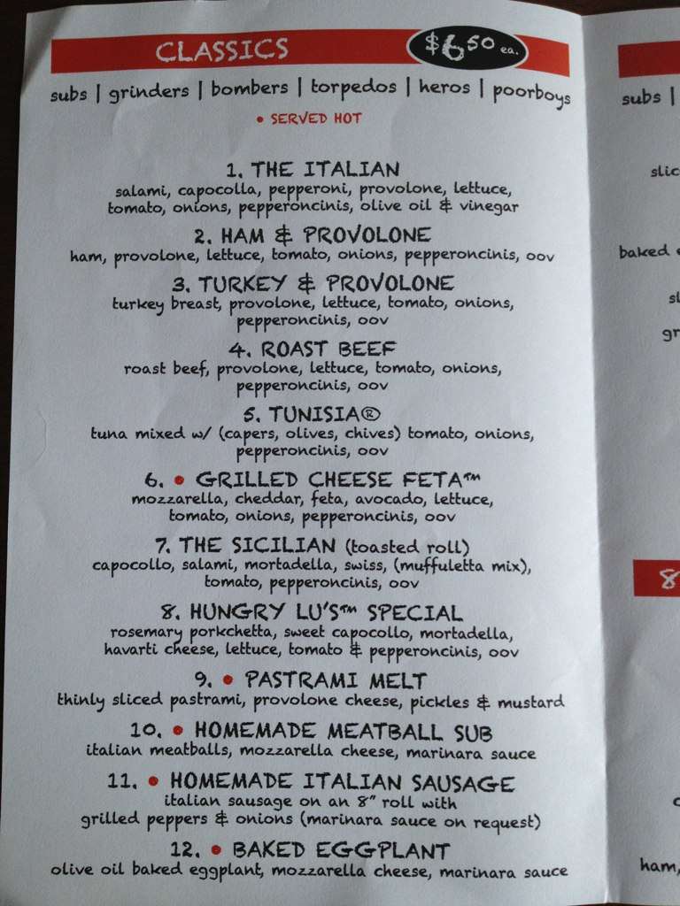 Menu at Hungry Lu's restaurant, San Diego