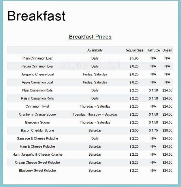 Menu at Broadway Daily Bread restaurant, San Antonio, De Zavala Rd