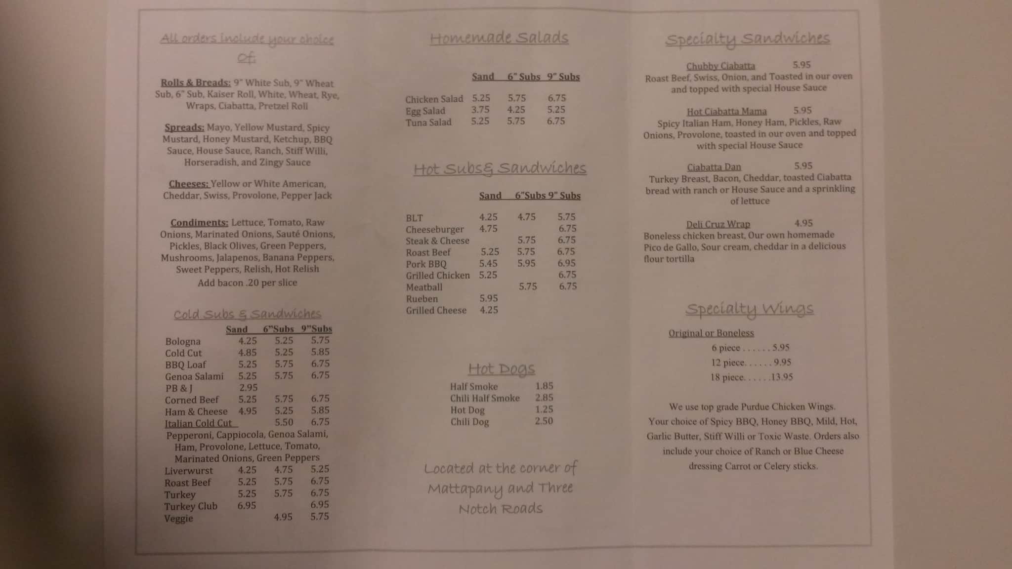 Menu at St. James Deli & Spirits pizzeria, Lexington Park