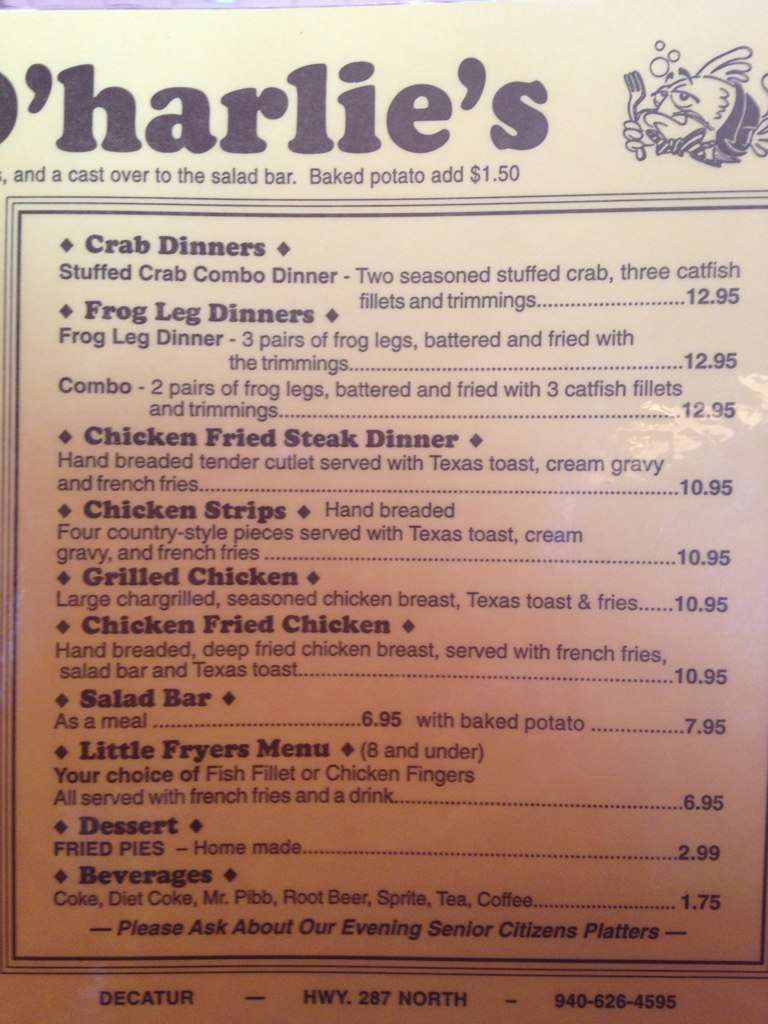 Menu at Catfish O'Harlies restaurant, Decatur